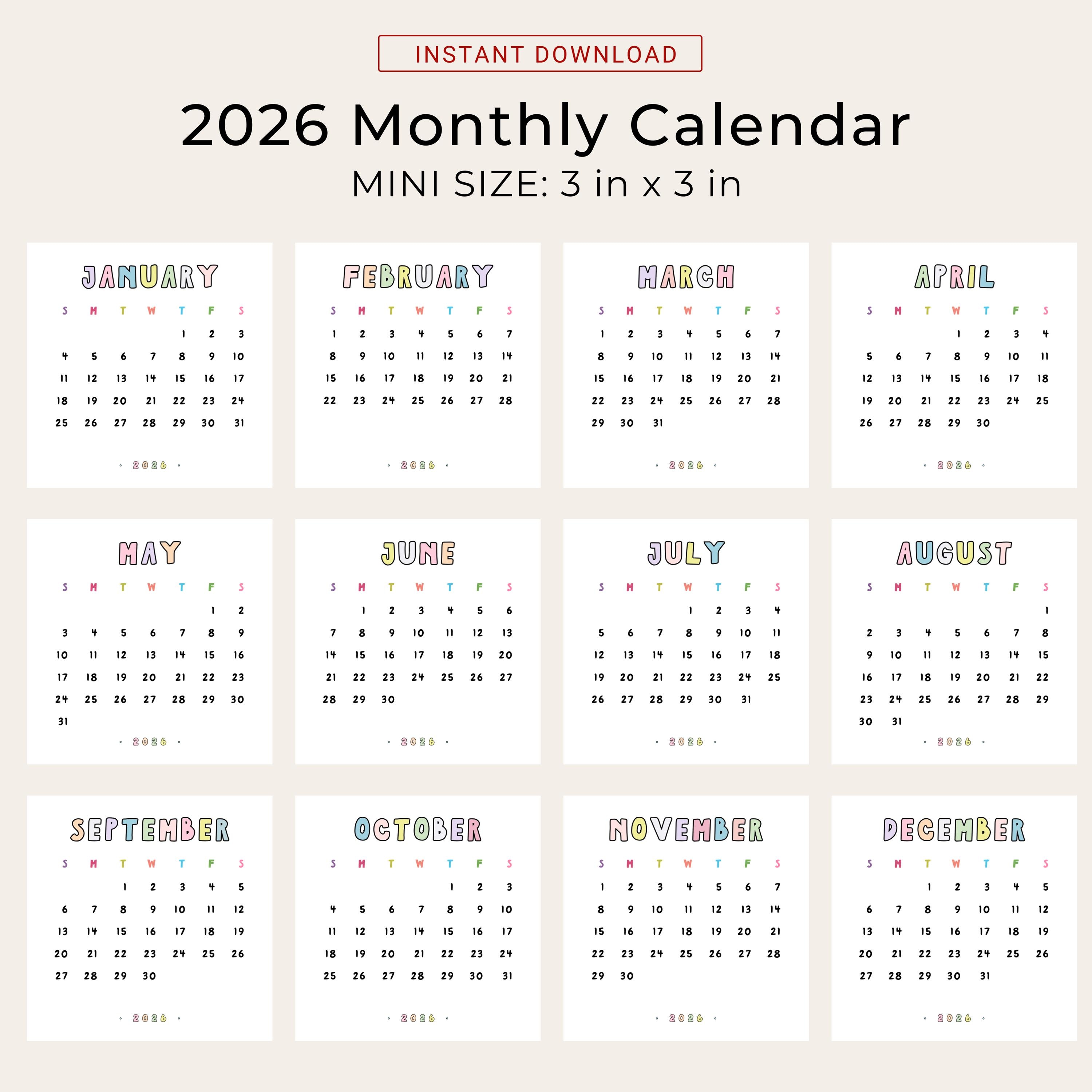 Cute 2026 Mini Calendar Printable 3x3 Inch Monthly PDF Pastel Colors ...