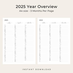 2025 Year at a Glance Calendar 2025 Yearly Planner Vertical 3 Months ...