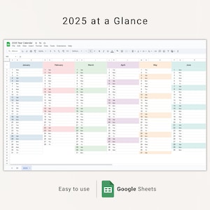 2025 Year Calendar Google Sheets Template Editable Digital Planner 2025 ...