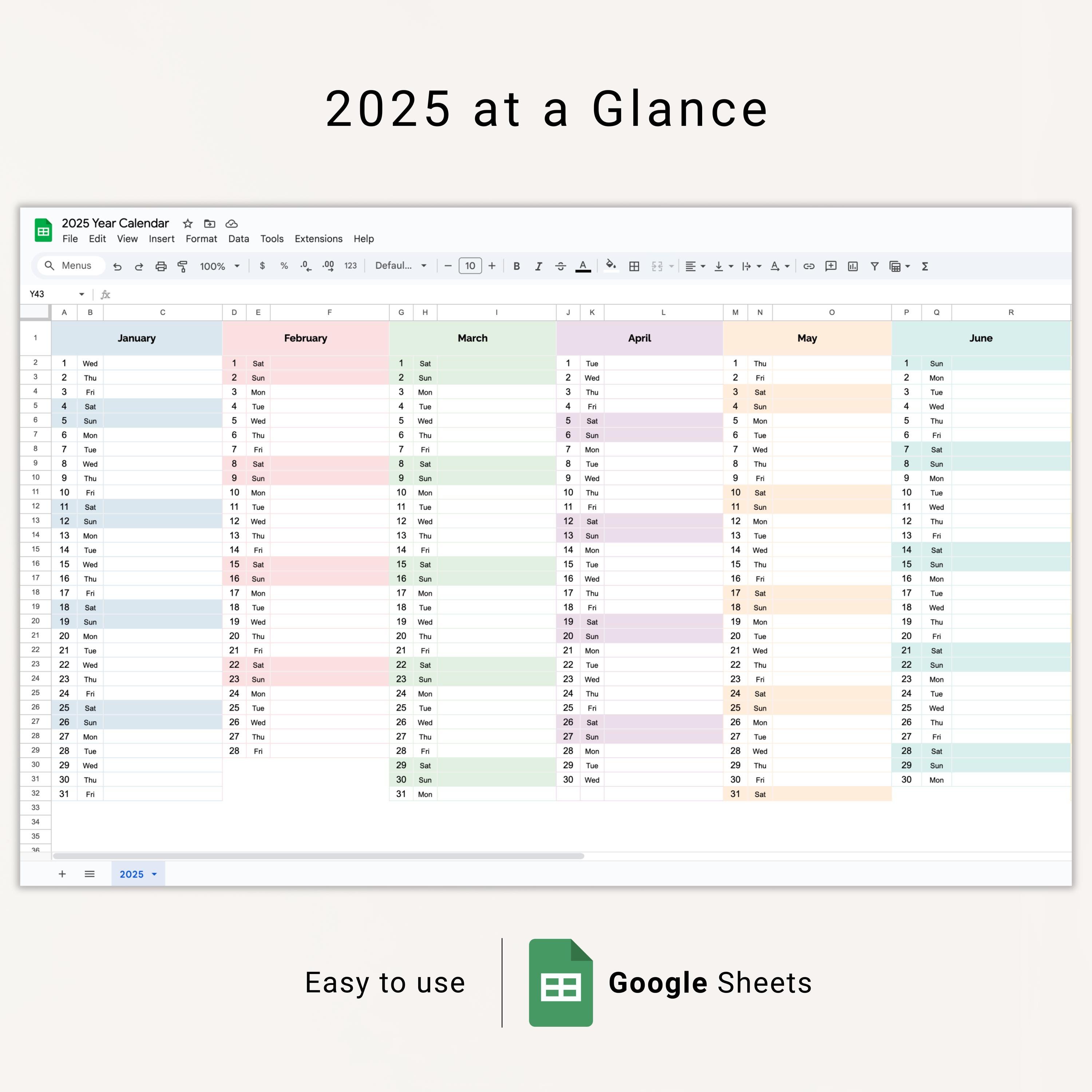 2025 Year Calendar Google Sheets Template Editable Digital Planner 2025 ...