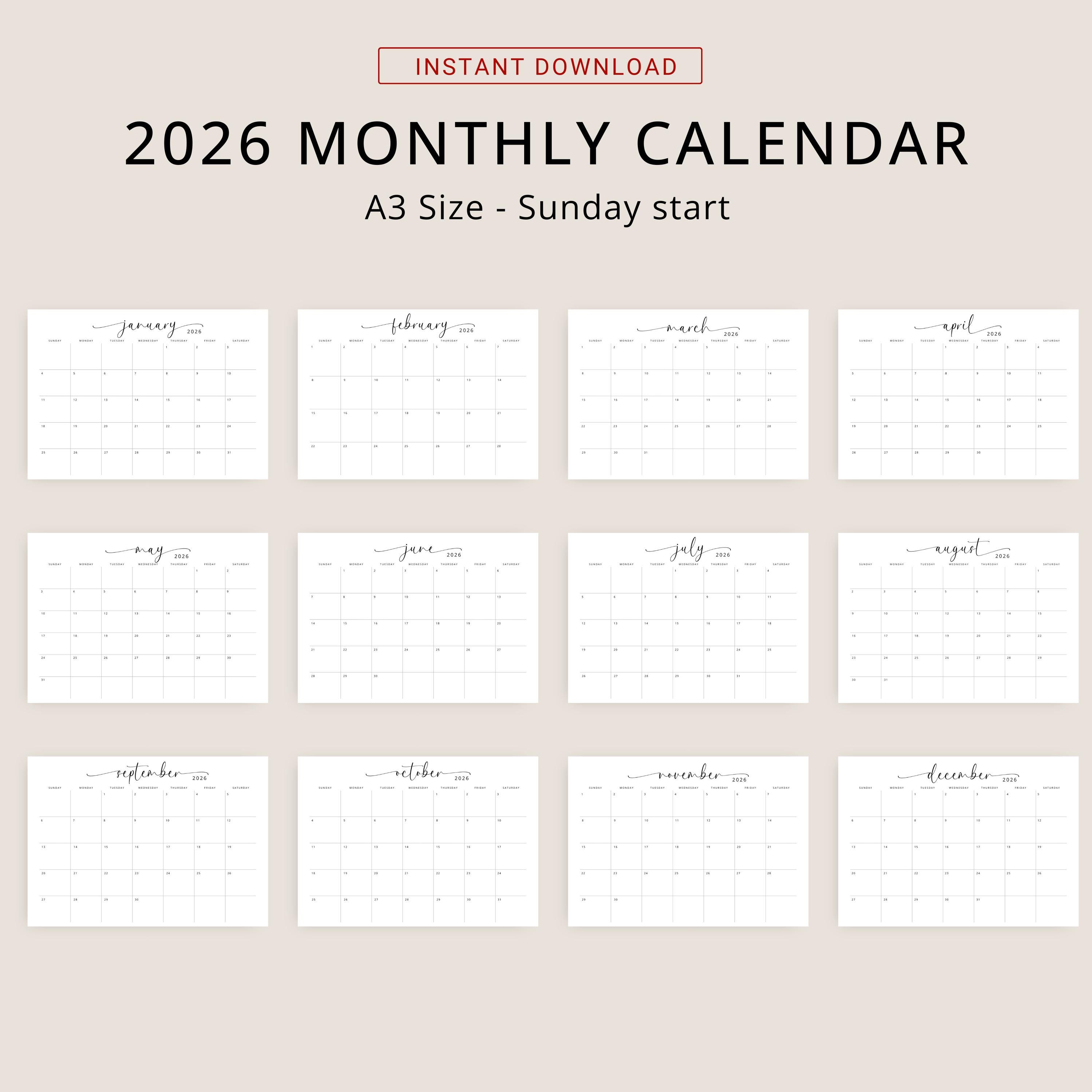 A3 2026 Calendar 2026 Planner A3 Landscape Monthly Calendar 2026 Wall ...