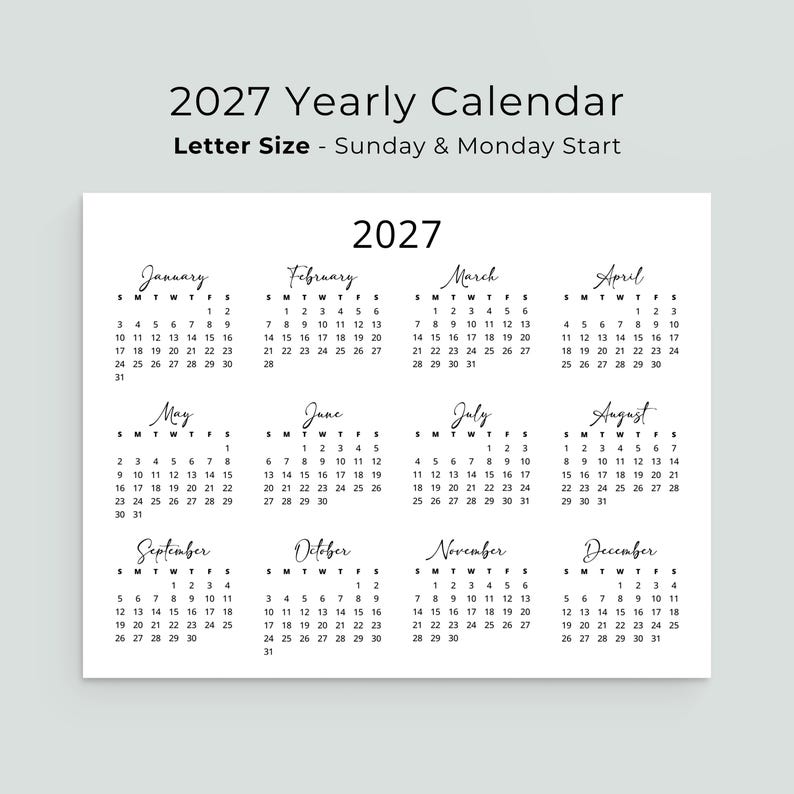 2027 Yearly Calendar 2027 Calendar Landscape Soft Minimalist Wall ...