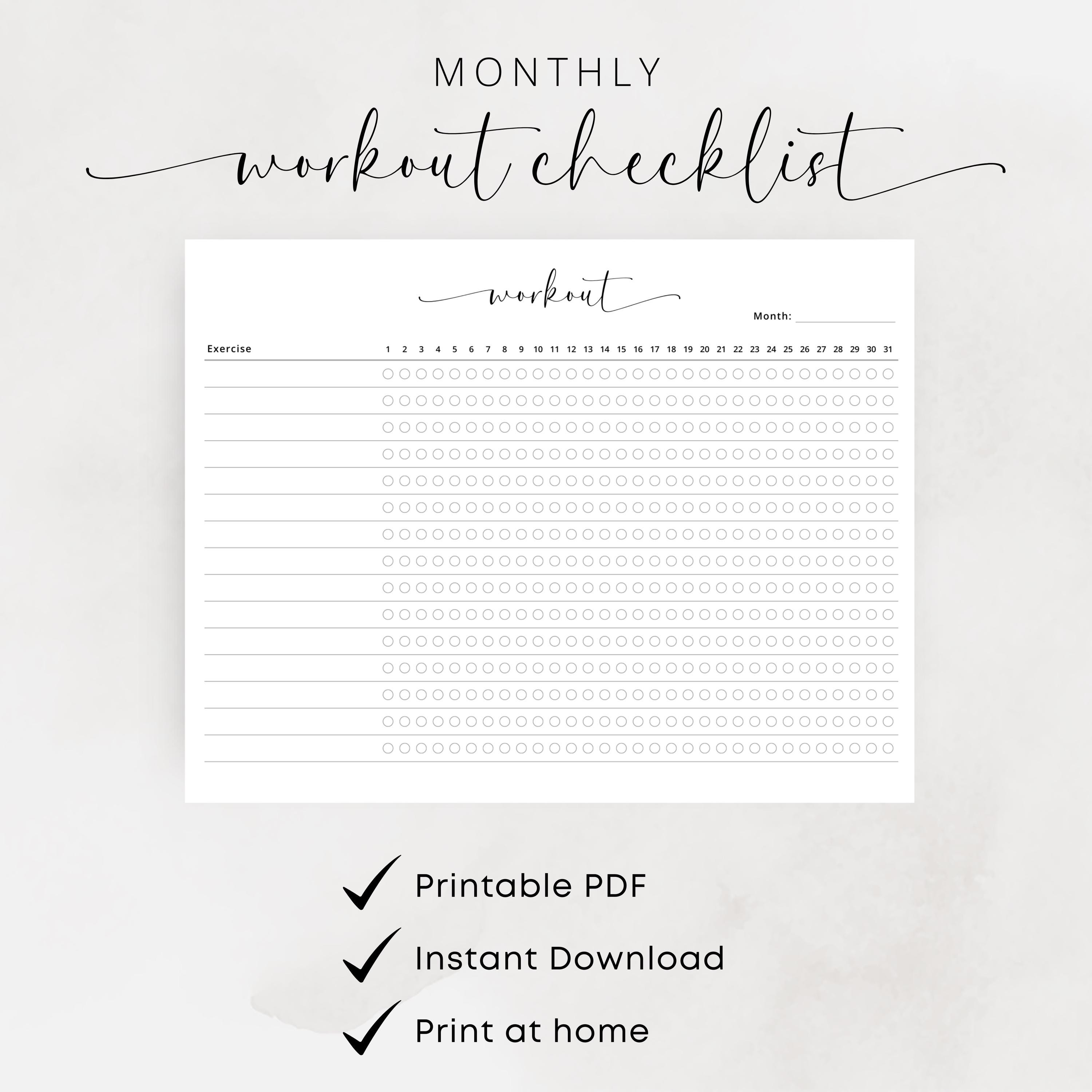 Workout Checklist Printable Daily Workout Routine Tracker Gym Log ...