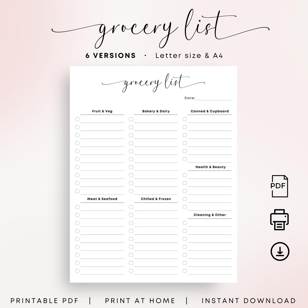 Printable Grocery List Supermarket Shopping List to Buy List Market ...