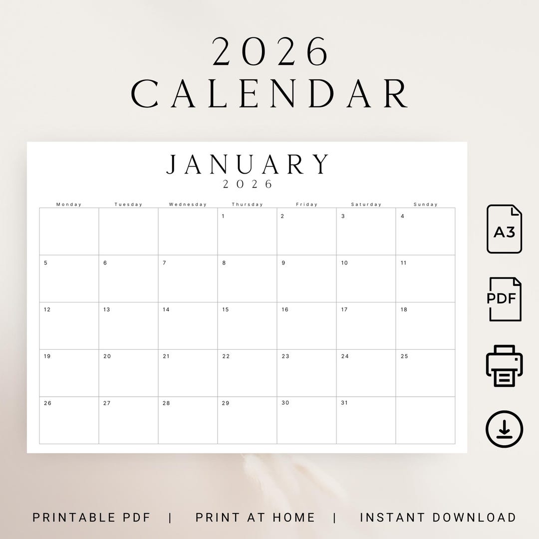 A3 2026 Calendar 2026 Monthly Planner Monday Start & Sunday Start ...