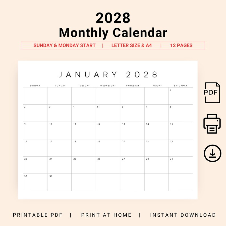 2028 Calendar 2028 Monthly Calendar Printable 2028 Planner Minimal ...