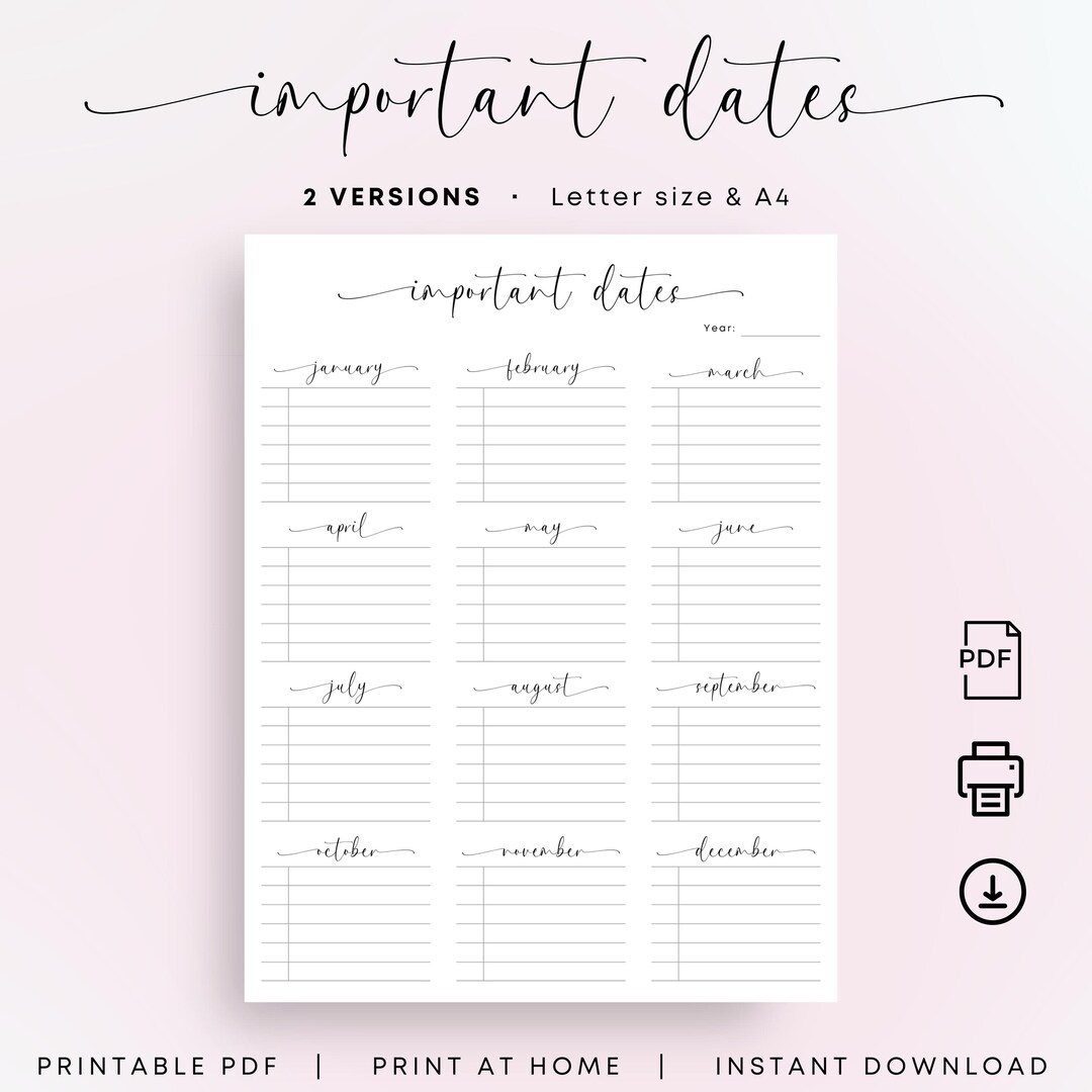 Important Dates Calendar Yearly Special Dates Planner Insert PRINTABLE ...