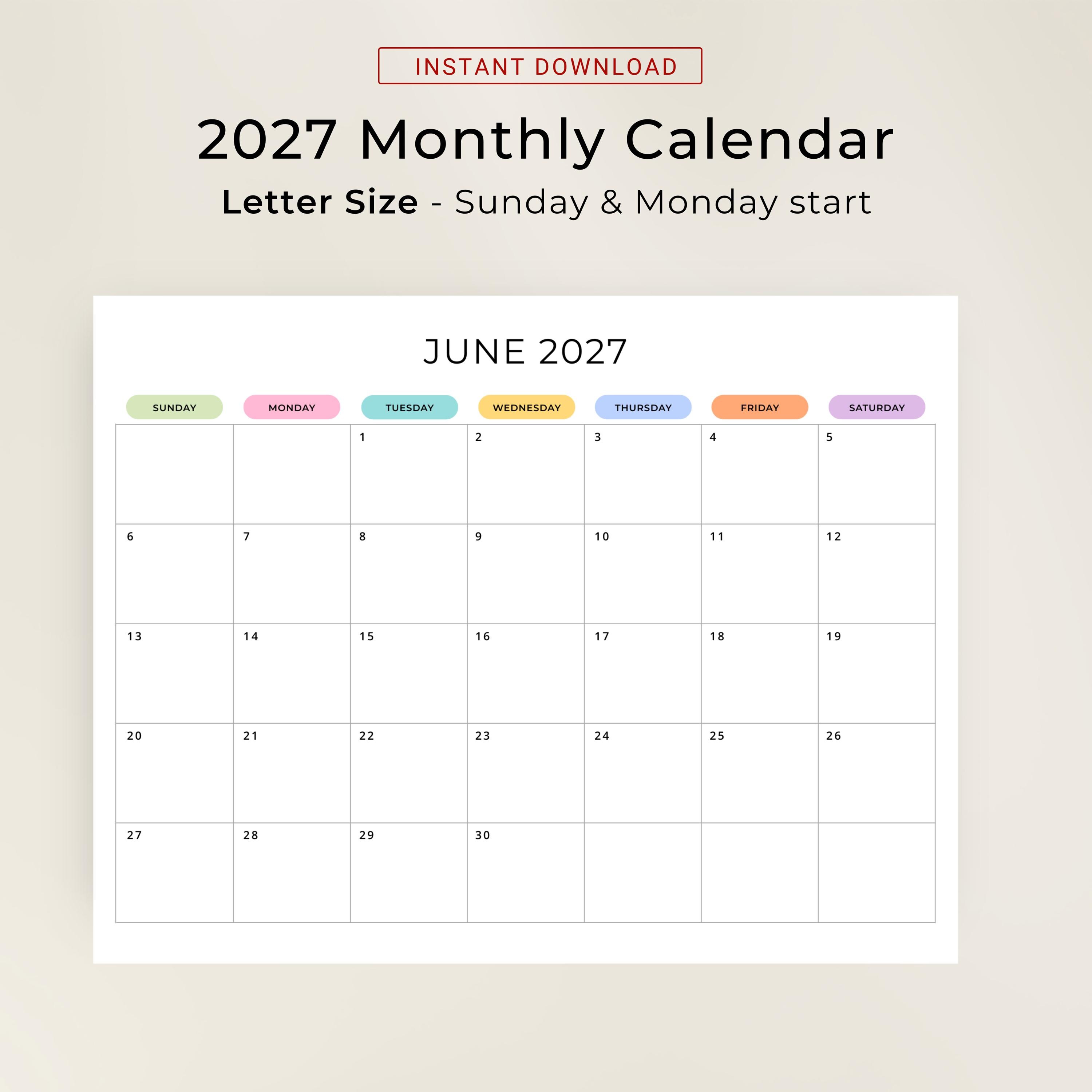 2027 Monthly Calendar PRINTABLE PDF 2027 Monthly Planner Landscape 2027 ...