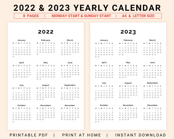2022 & 2023 Yearly Calendar PDF Printable One Page Wall - Etsy België