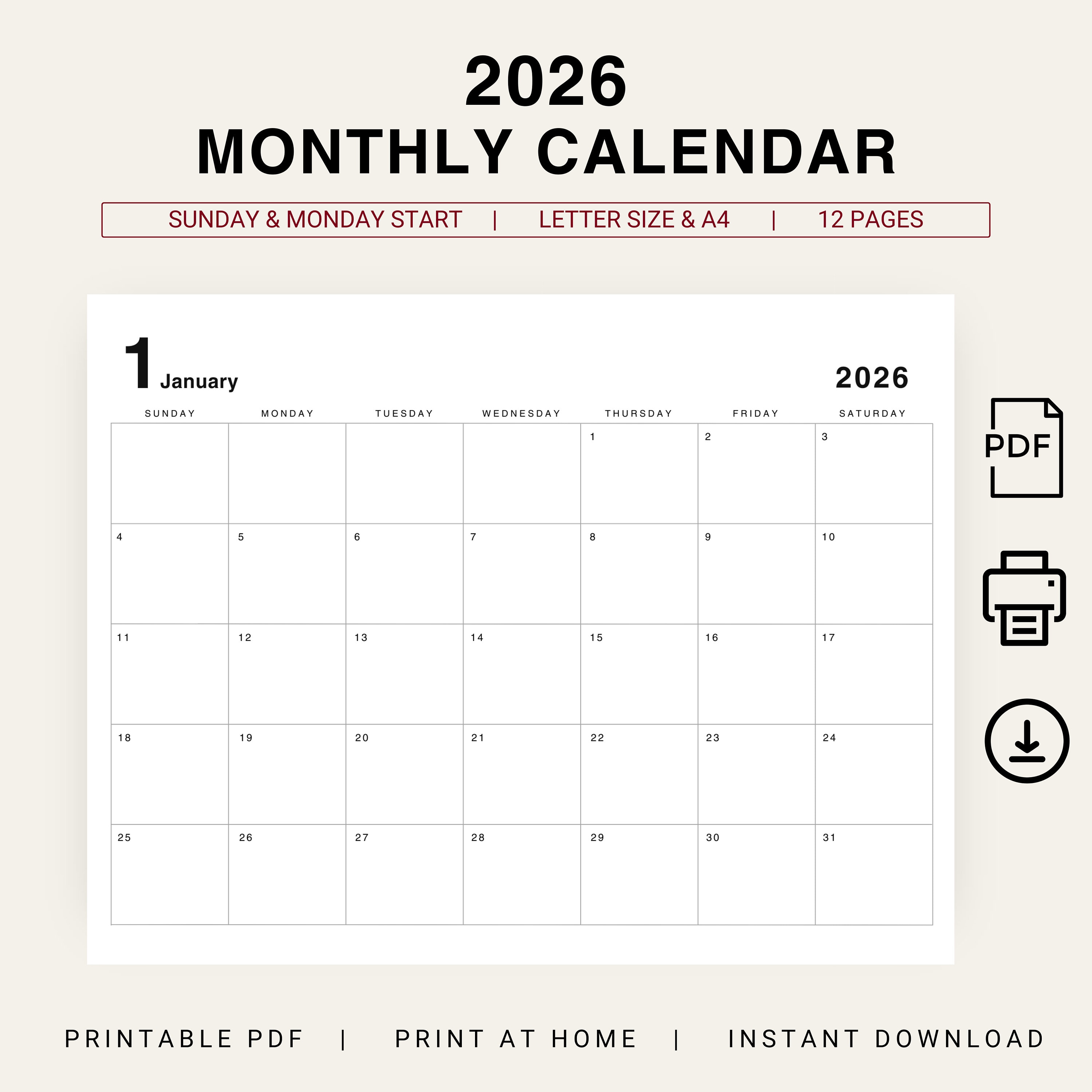 2026 Calendar 2026 Monthly Planner 2026 Minimal Calendar 2026 Landscape ...