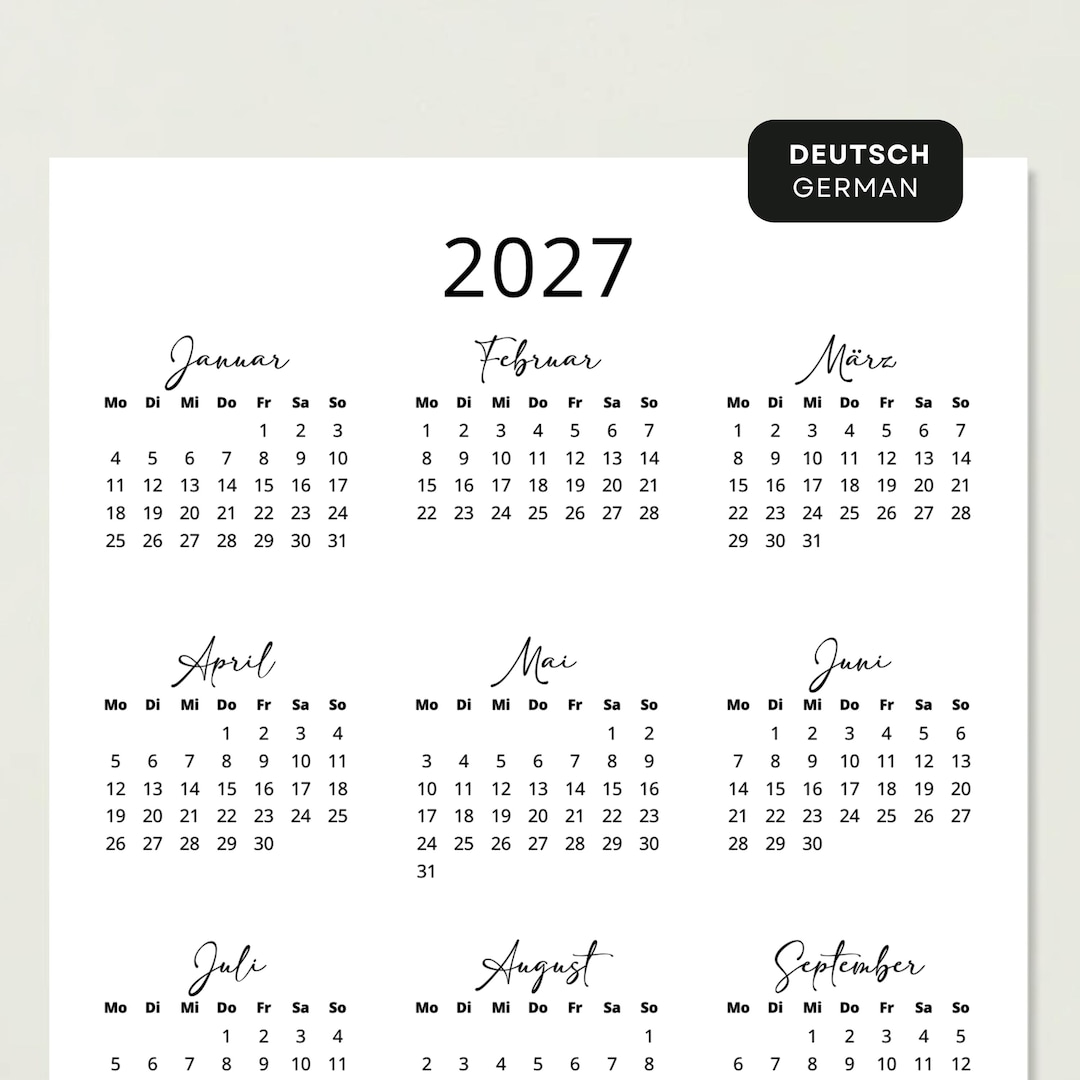 Kalender 2027 Kalender Deutsch Kalender Zum Ausdrucken 2027 Deutschland ...