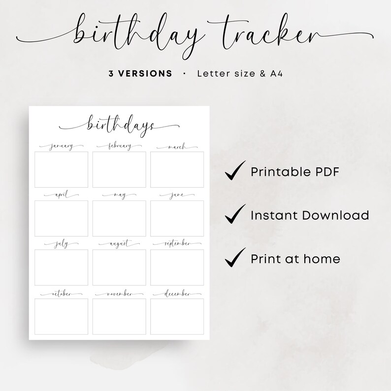 Printable Birthday Tracker PDF Birthday Calendar for Home Birthday ...