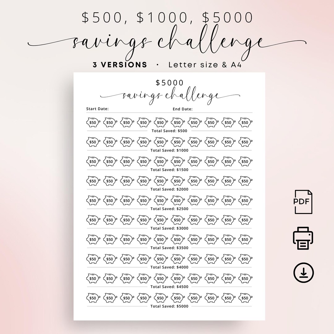 Bank Savings Challenge Printable 500 1000 5000 Cash Savings Tracker PDF ...