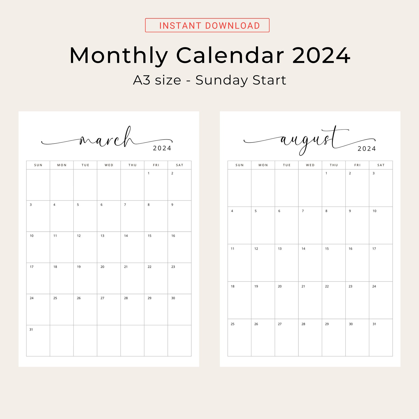 2024 Calendar 2024 Planner A3 Monthly Calendar 2024 Vertical Calendar ...