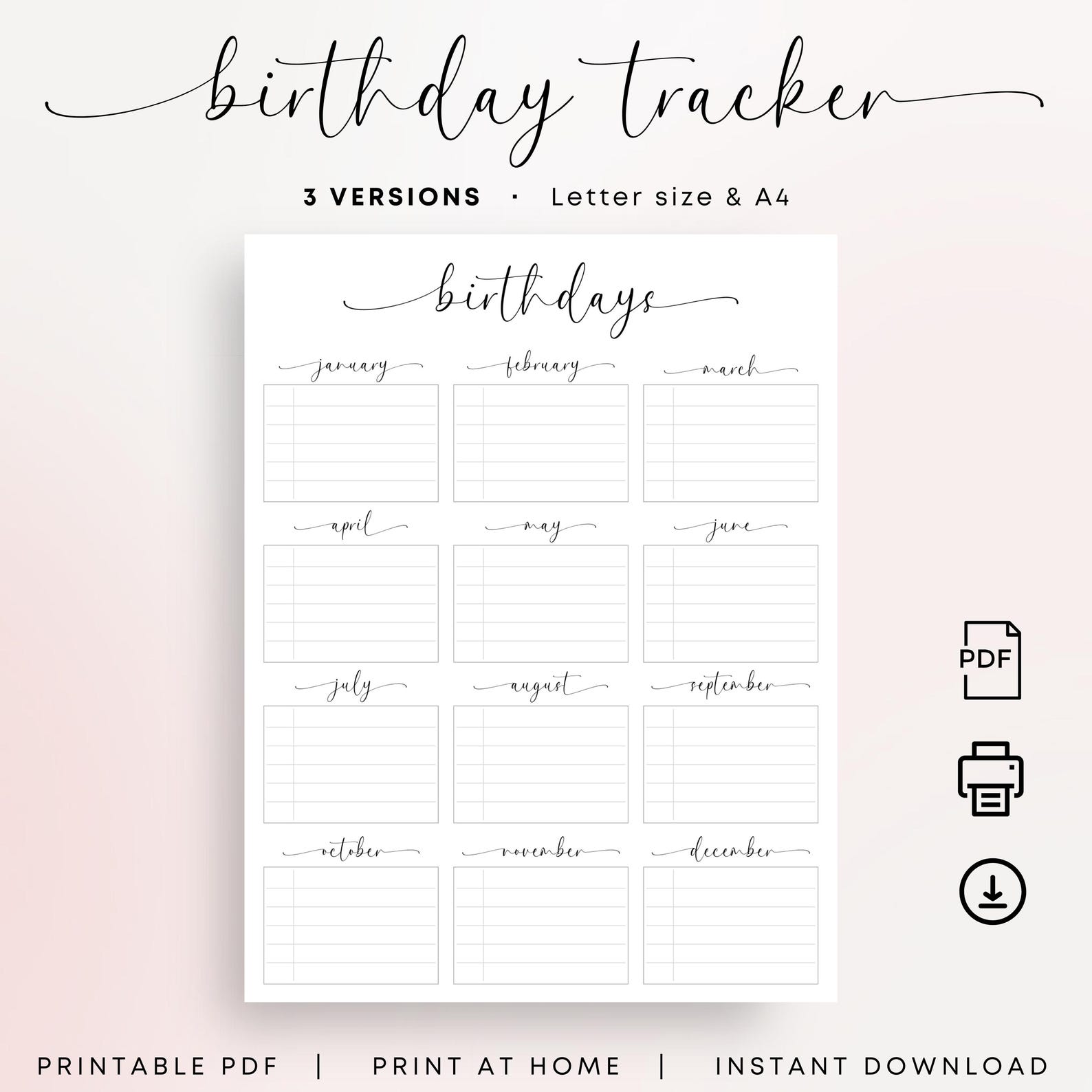 Birthday Tracker Printable Birthday Calendar Birthday Reminder Family ...