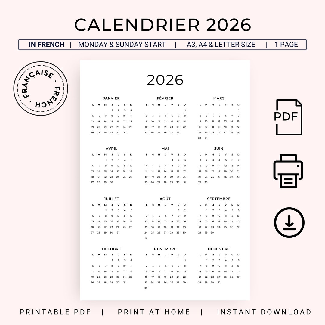 Calendrier 2026 Français 2026 Calendrier Annuel 2026 Imprimable ...