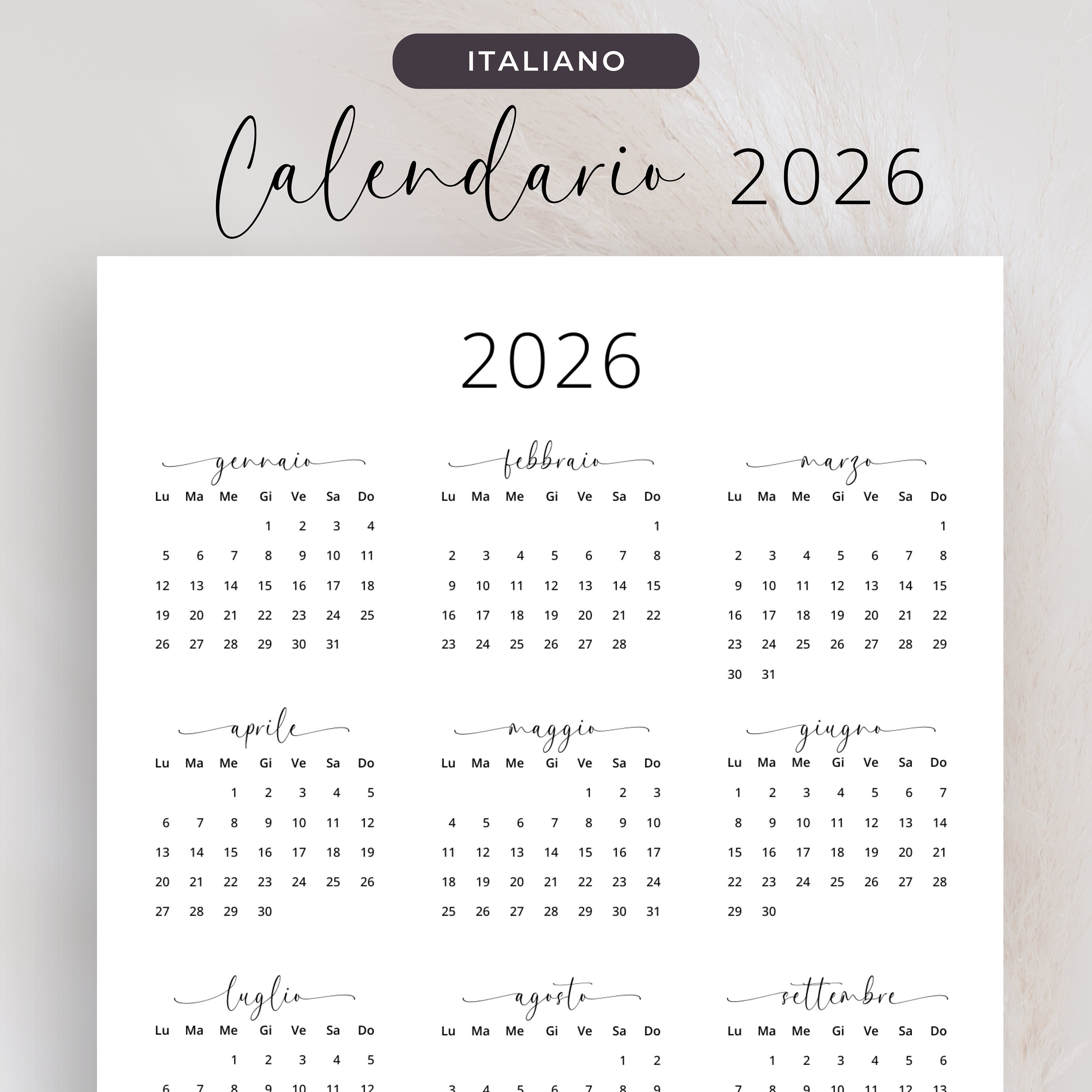 Calendario 2026 Calendario Italiano Stampabile Calendario Annuale 2026 ...