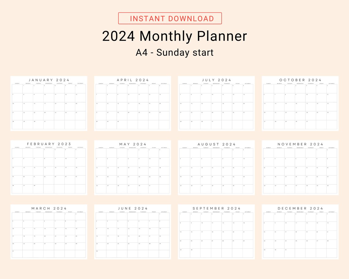 2023 & 2024 Monthly Planner Landscape 2023 2024 Monthly Calendar Sunday ...
