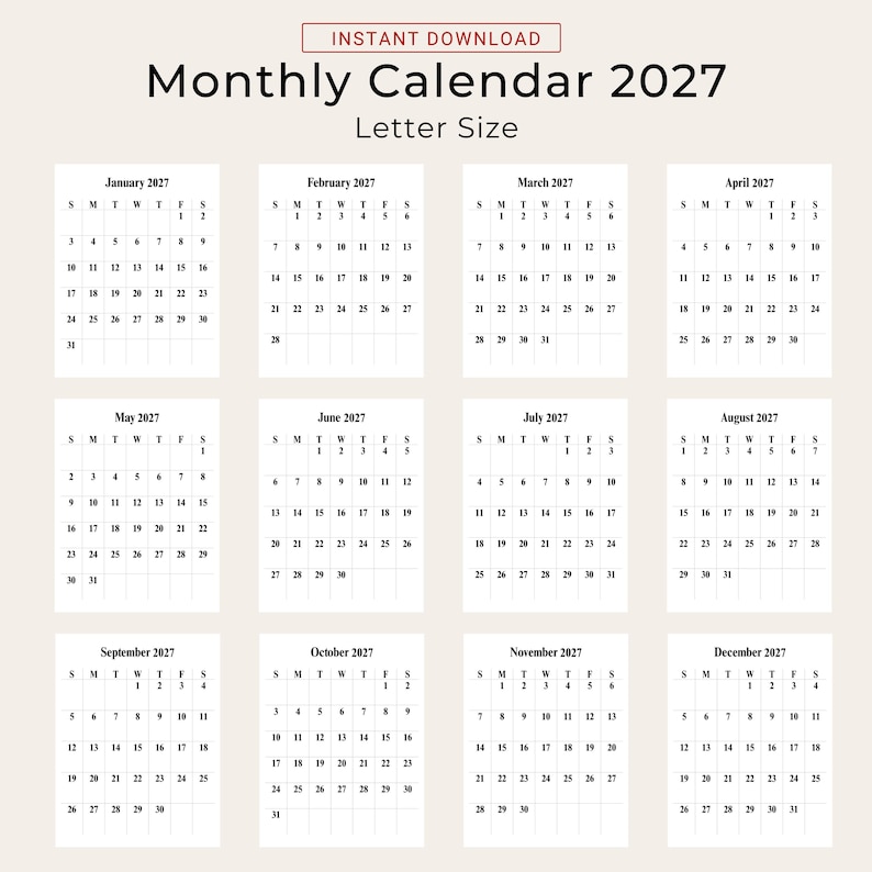 2027 Monthly Calendar Portrait 2027 Wall Calendar Classy 2027 Planner ...
