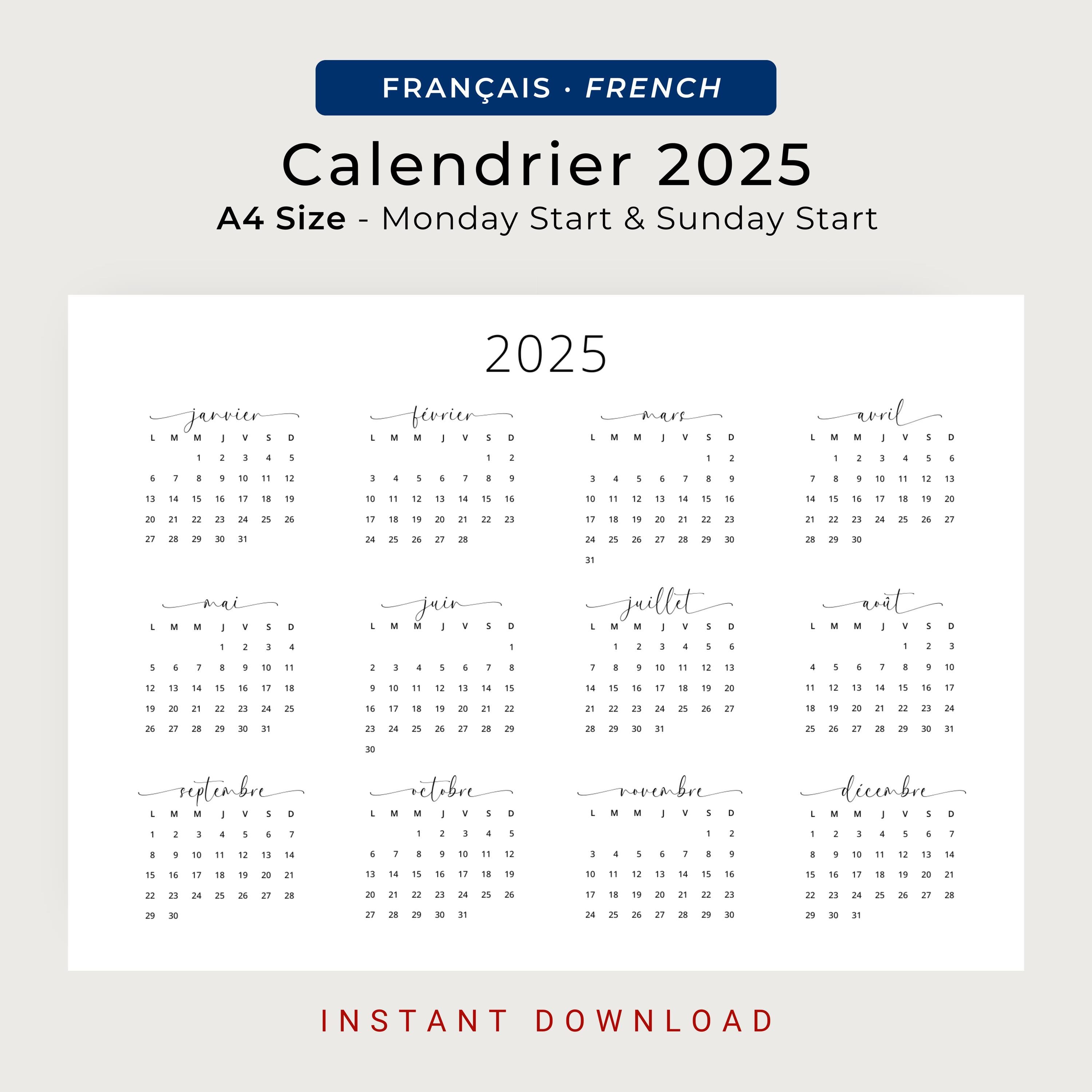 2025 Calendrier Français 2025 Calendrier Annuel 2025 Wall Calendar in ...