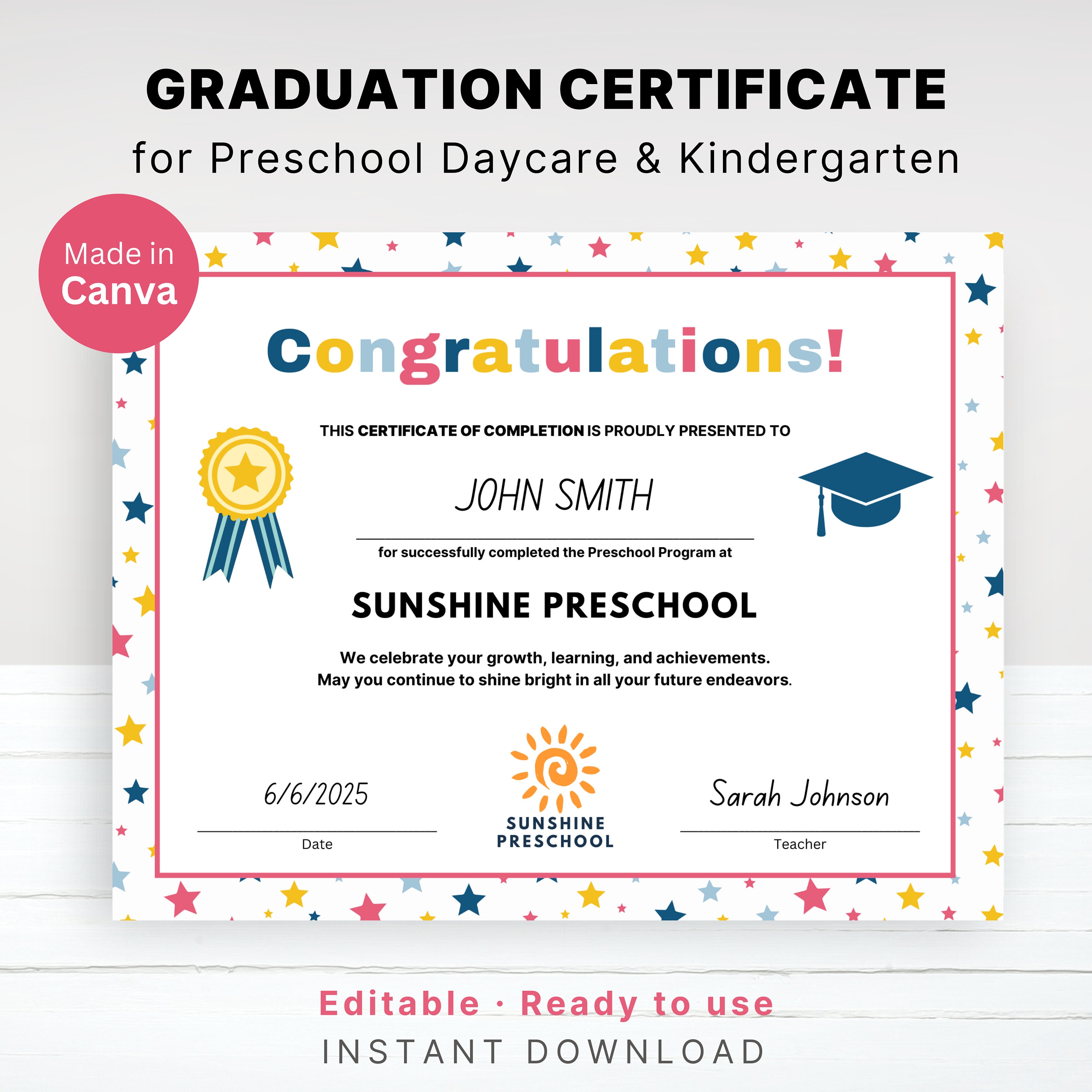Editable Preschool Certificate Daycare Graduation Diploma Kindergarten ...