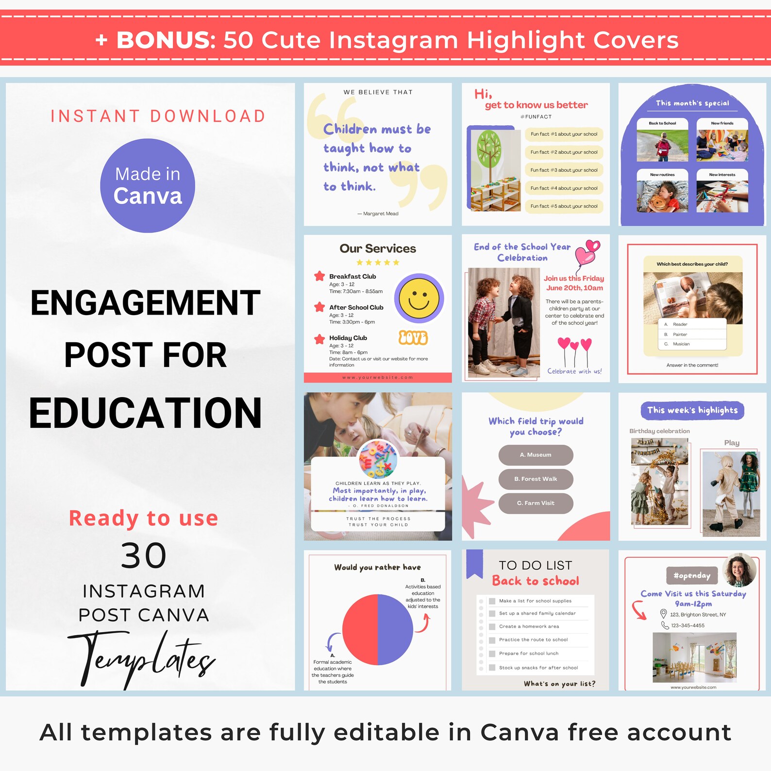 30 Engagement Post for Kids Education Instagram Canva Template Early ...