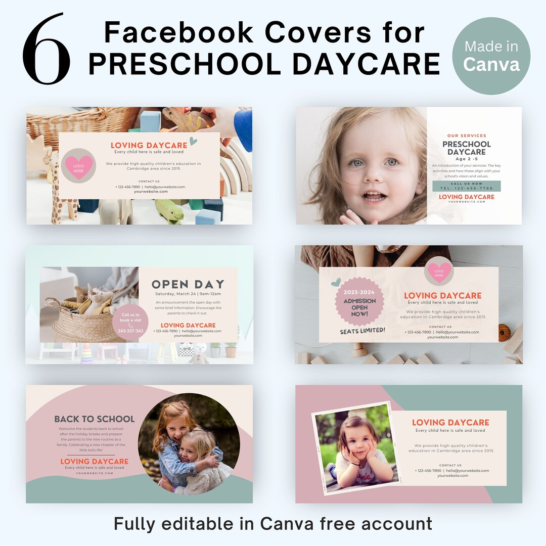 6 Preschool Daycare Facebook Cover Banner Kindergarten Canva Template ...