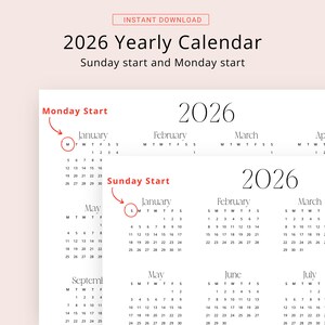 Yearly Calendar 2026 Wall Calendar Landscape PRINTABLE PDF 2026 Desk ...
