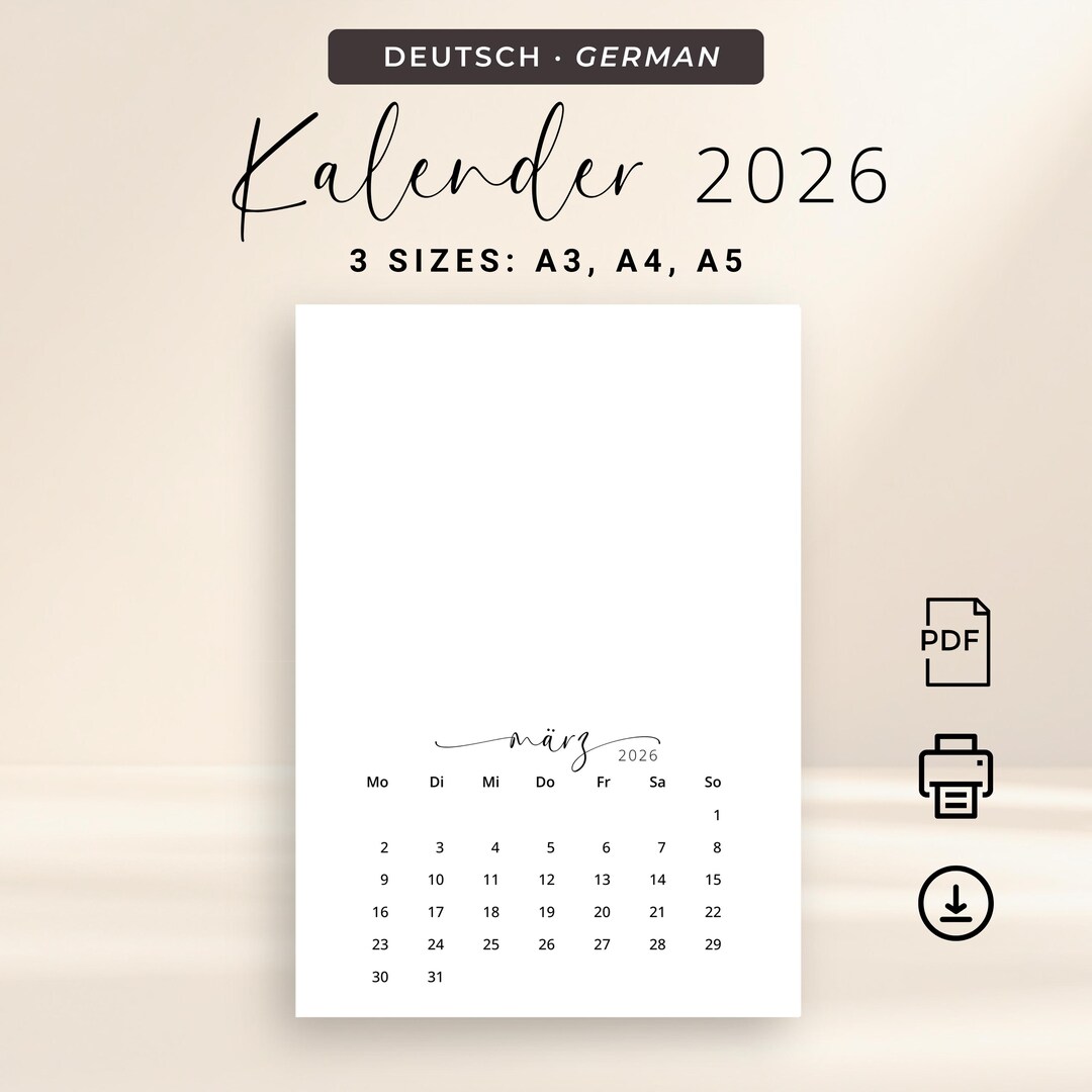 2026 Kalendar A3 A4 A5 2026 Kalender Auf Deutsch PRINTABLE PDF Elegant ...