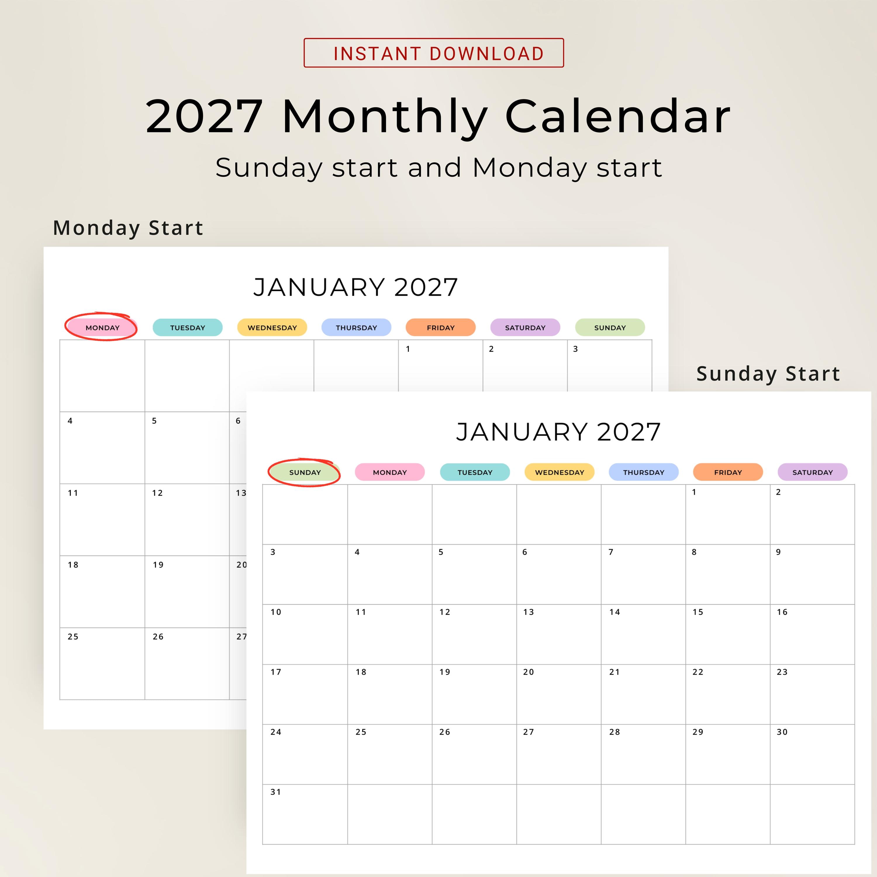 2027 Monthly Calendar PRINTABLE PDF 2027 Monthly Planner Landscape 2027 ...