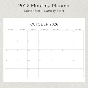 2026 Monthly Calendar PRINTABLE 2026 Monthly Planner Landscape 2026 Minimal Calendar A4 Letter ...