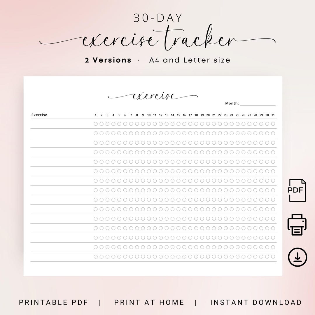 Printable 30-day Exercise Tracker Workout Checklist Daily Exercise ...