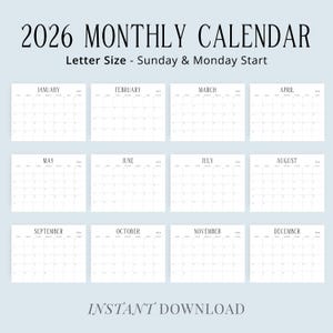 2026 Calendar 2026 Printable Monthly Calendar PDF Planner Landscape ...