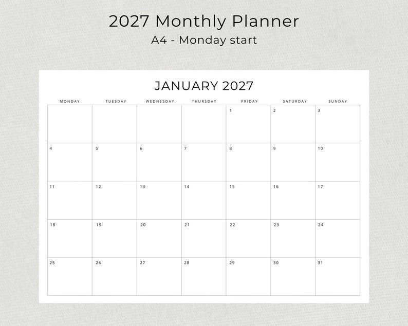 2027 Monthly Calendar 2027 Minimalist Monthly Planner Landscape Sunday ...