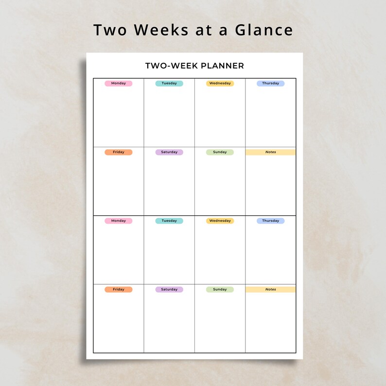 Two-week Planner Printable PDF 2 Weeks Planner Portrait Color Undated ...