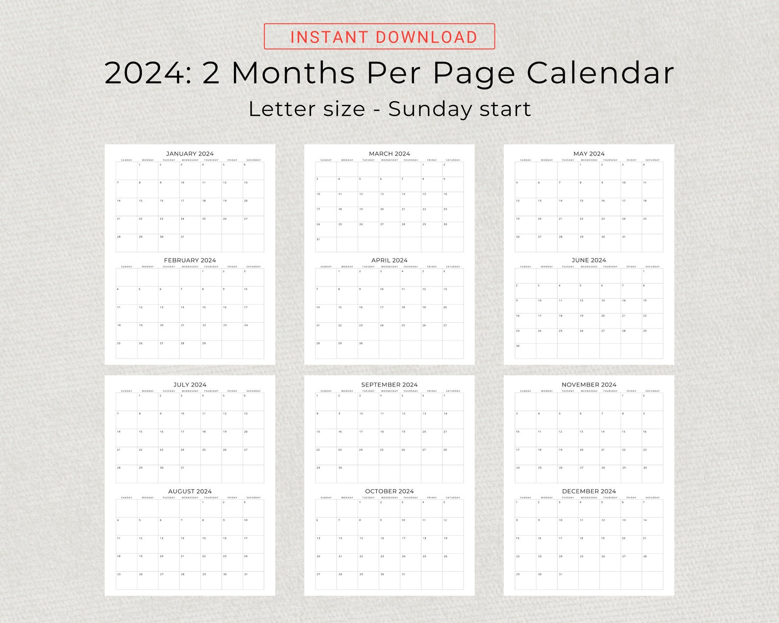 10 Year Calendar 2024 to 2033 Monthly Planner PDF 2 Months per Page ...