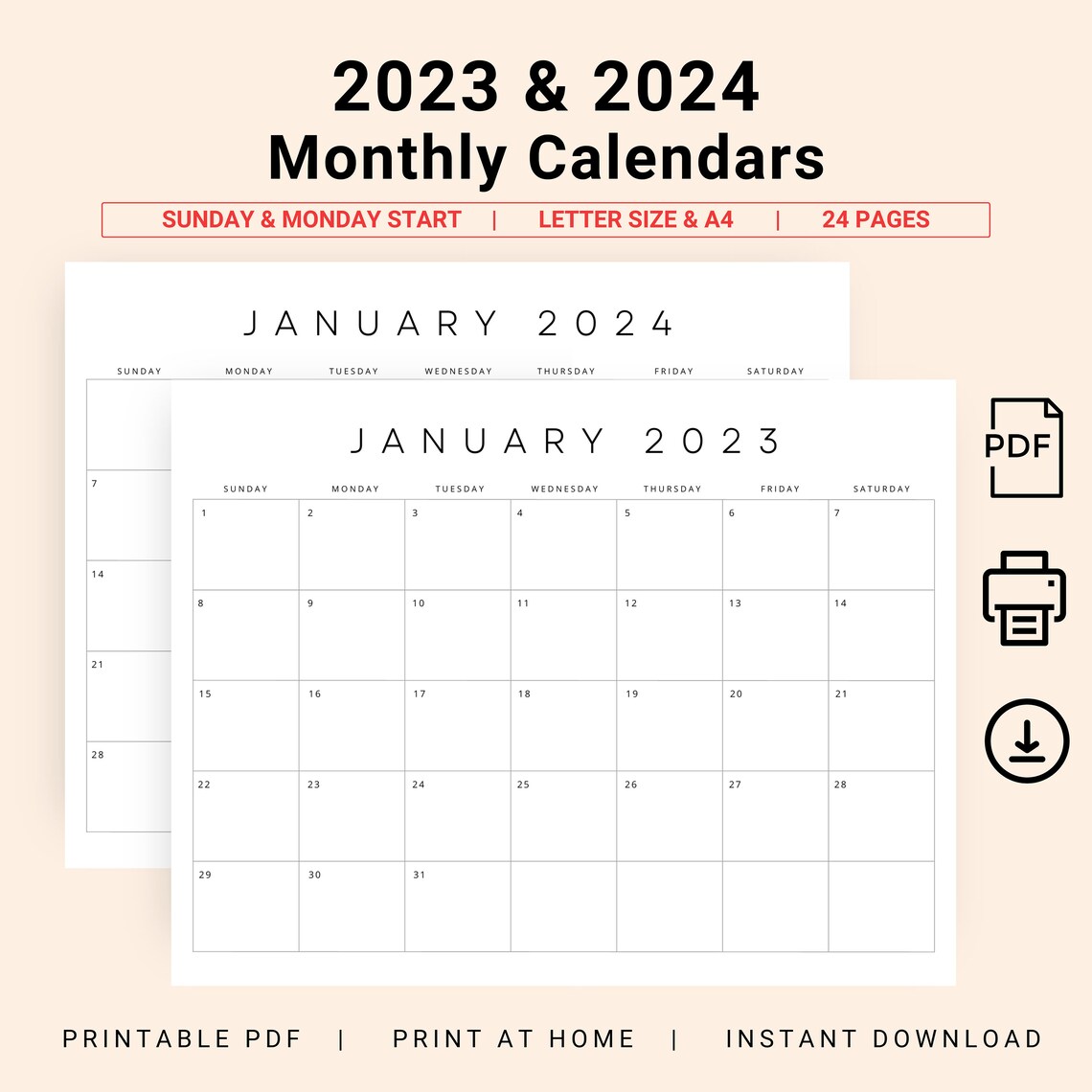 2023 & 2024 Monthly Planner Landscape 2023 2024 Monthly Calendar Sunday ...