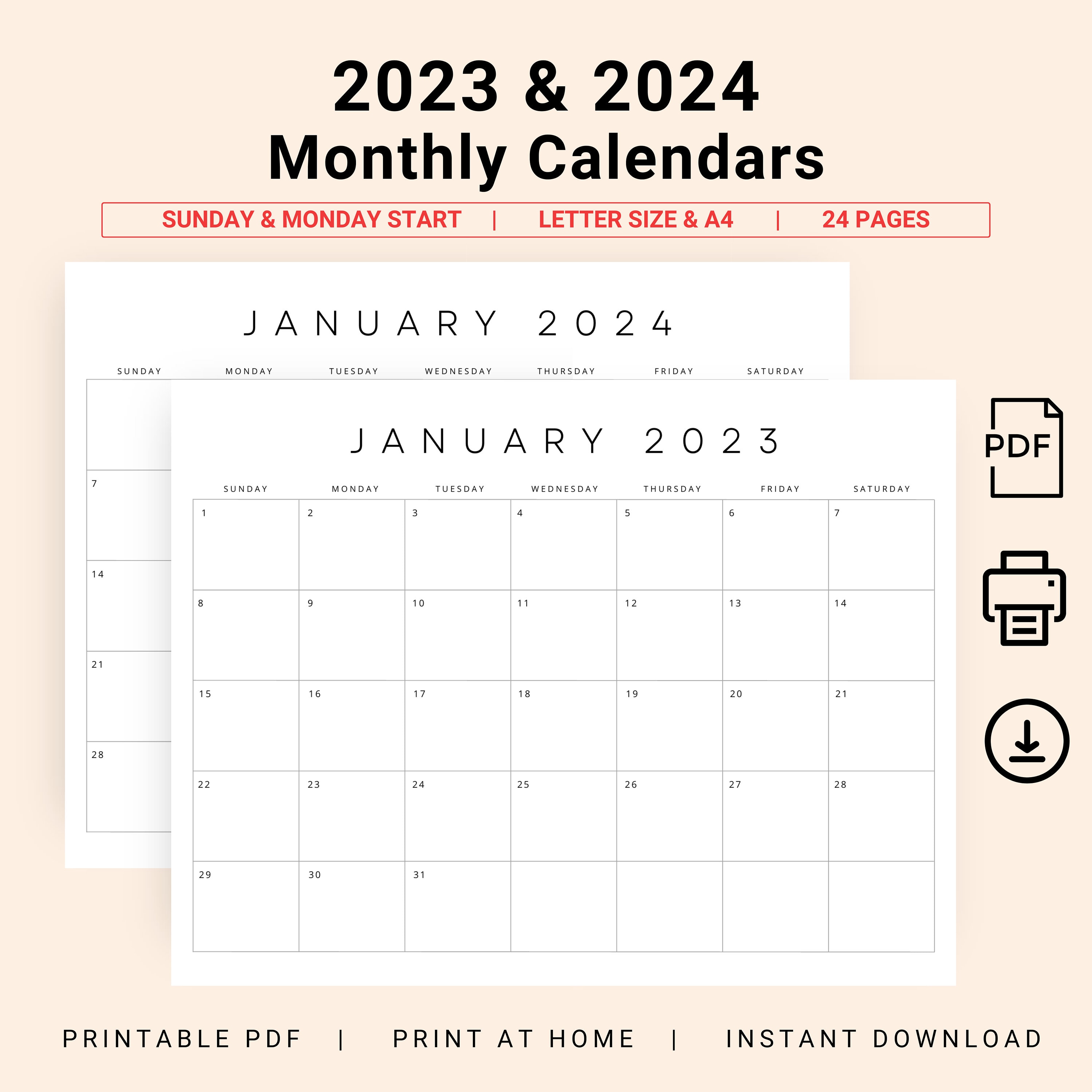 2023 & 2024 Monthly Planner Landscape 2023 2024 Monthly Calendar Sunday ...