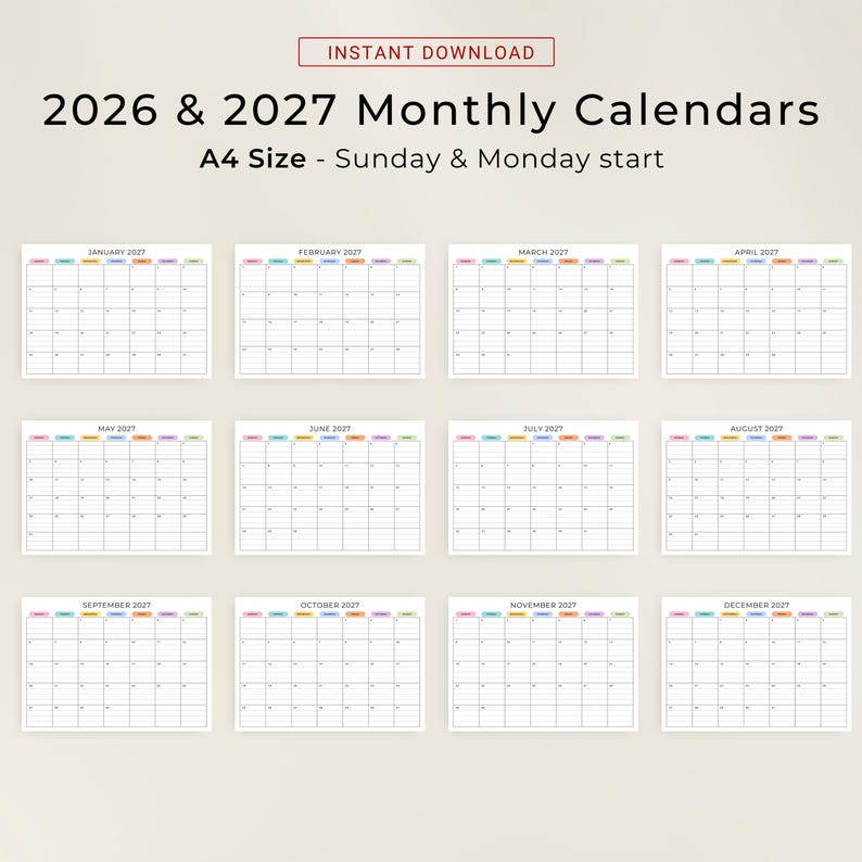 2026 2027 Monthly Calendar With Lines PRINTABLE PDF 2026 2027 Planner ...