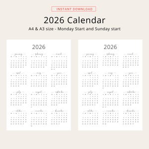 2026 Yearly Calendar 2026 Calendar Vertical Calendar Printable 2026 ...