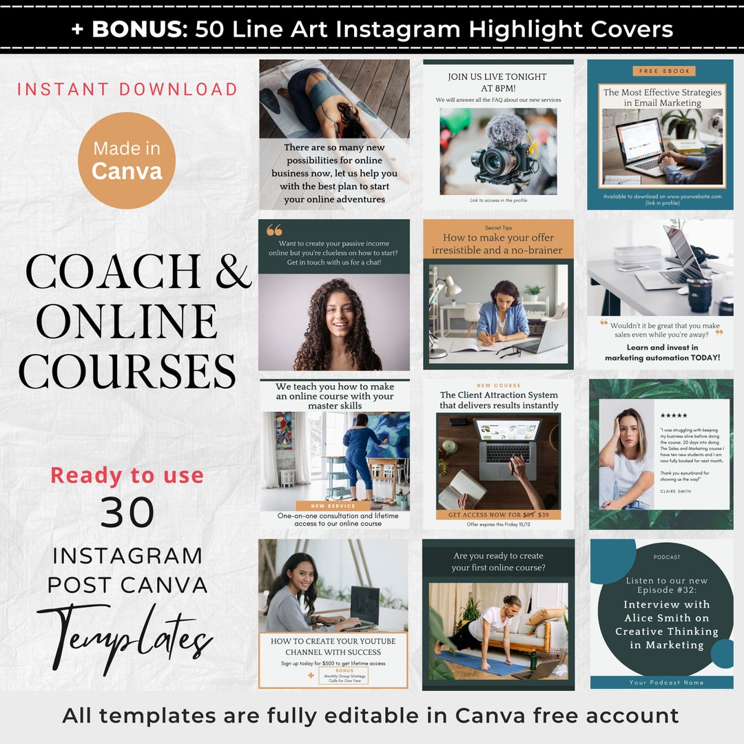 30 Coach & Online Course Creator Instagram Post Canva Template Course ...