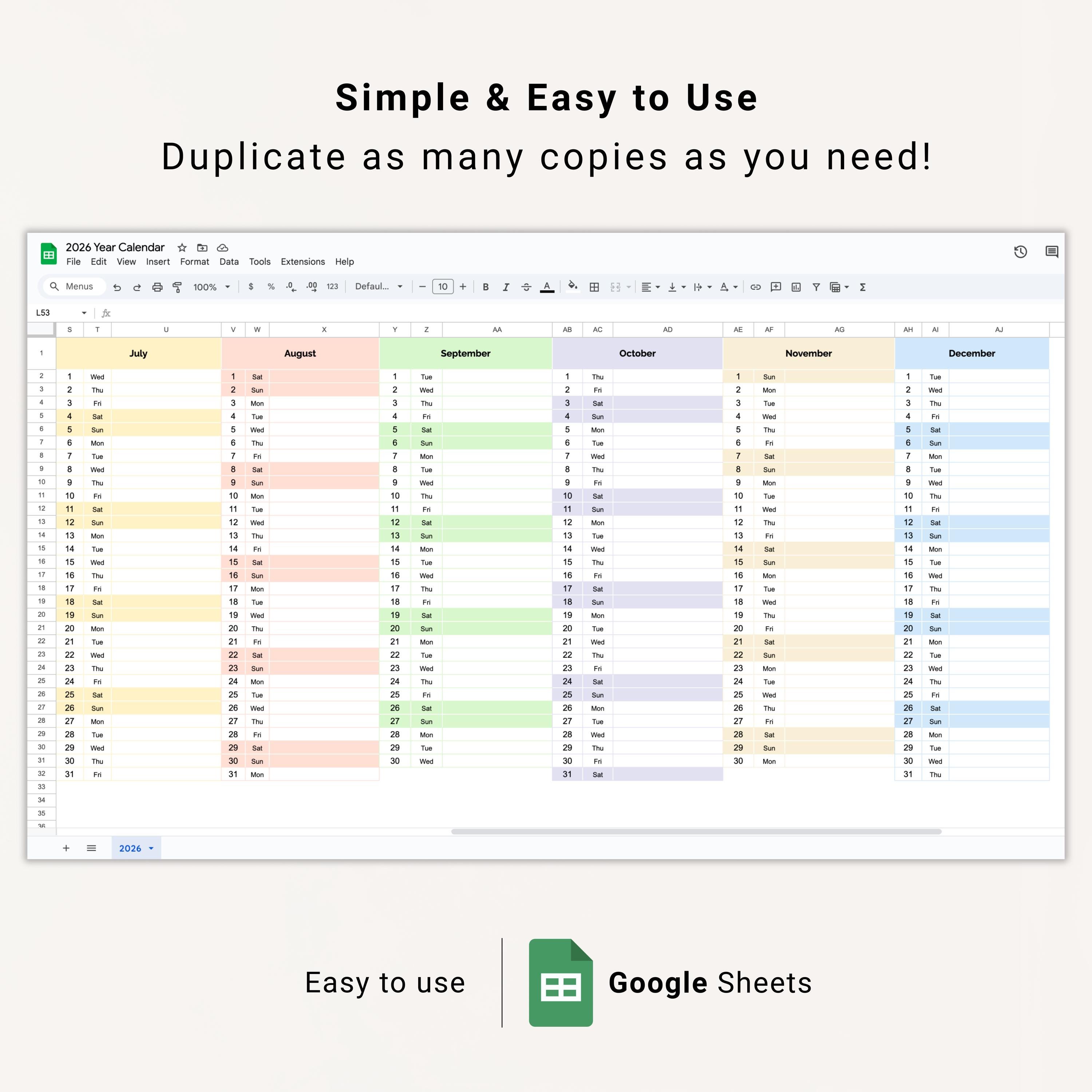 2026 Calendar Google Sheets Template Editable Monthly Digital Planner ...