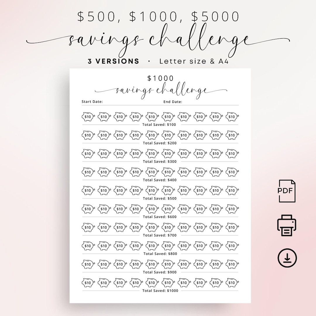 Printable Savings Challenge 500 1000 5000 Savings Tracker PDF Saving ...