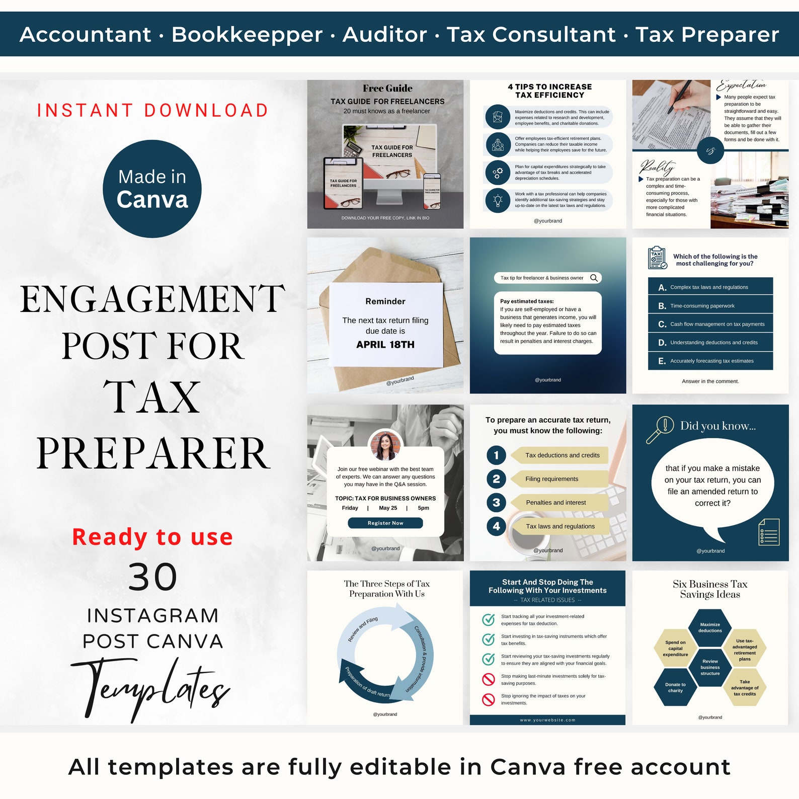 30 Tax Preparer Engagement Post Instagram Canva Templates - Etsy