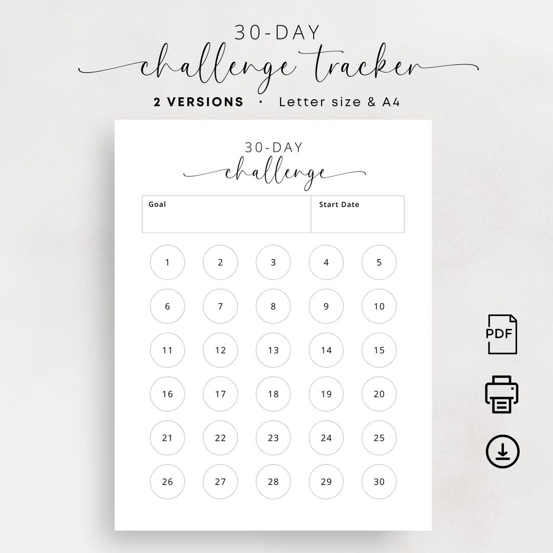 30-day Challenge Tracker Printable PDF Fitness Challenge Goal Tracker ...