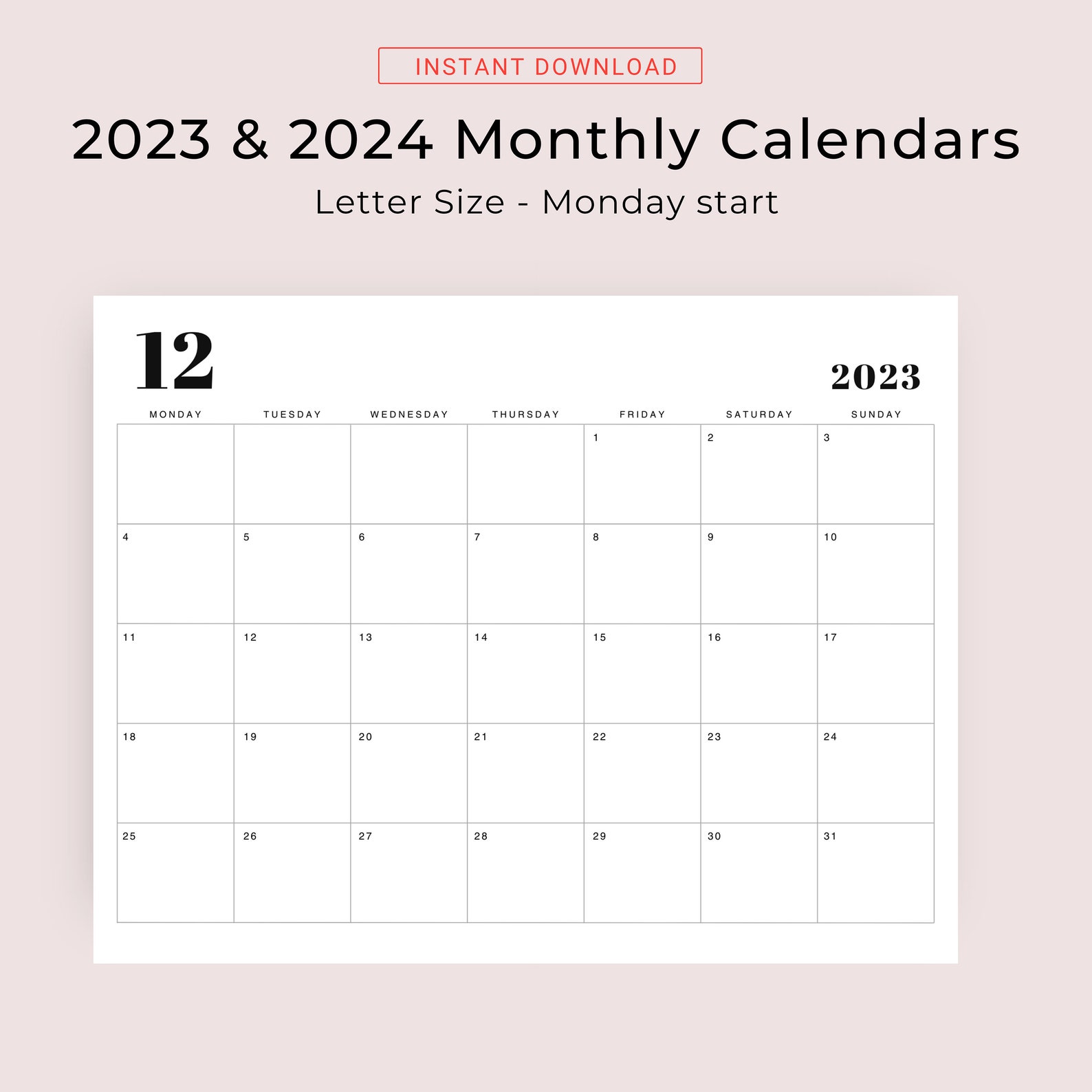 2023 & 2024 Calendar Printable 2023 2024 Monthly Planner Landscape ...