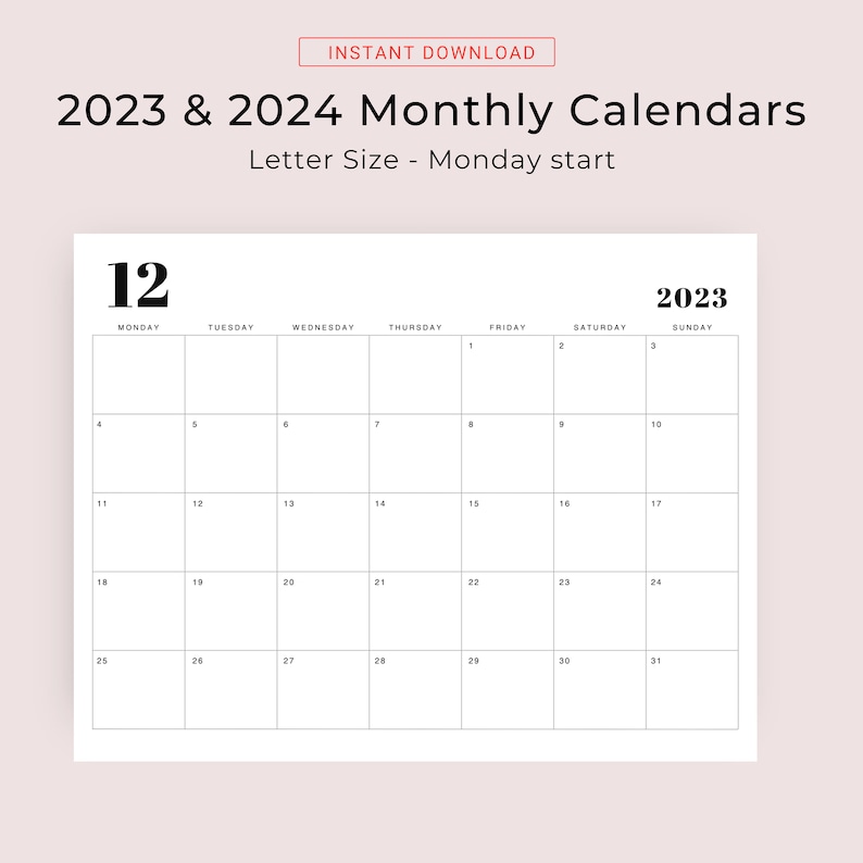 2023 & 2024 Calendar Printable 2023 2024 Monthly Planner Landscape ...