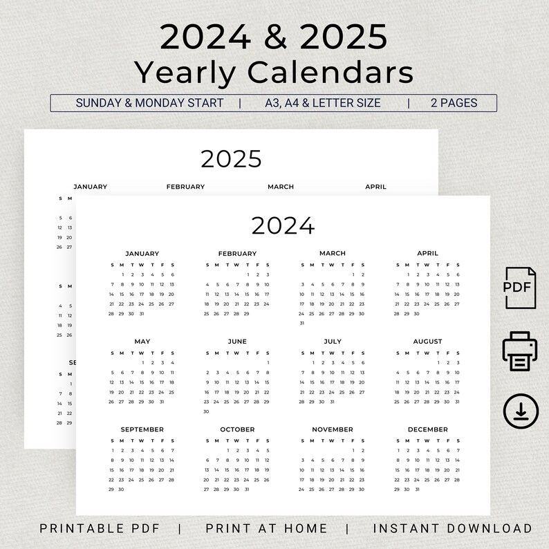 2024 2025 Yearly Calendar 2024 & 2025 Calendar PRINTABLE Wall Calendar ...