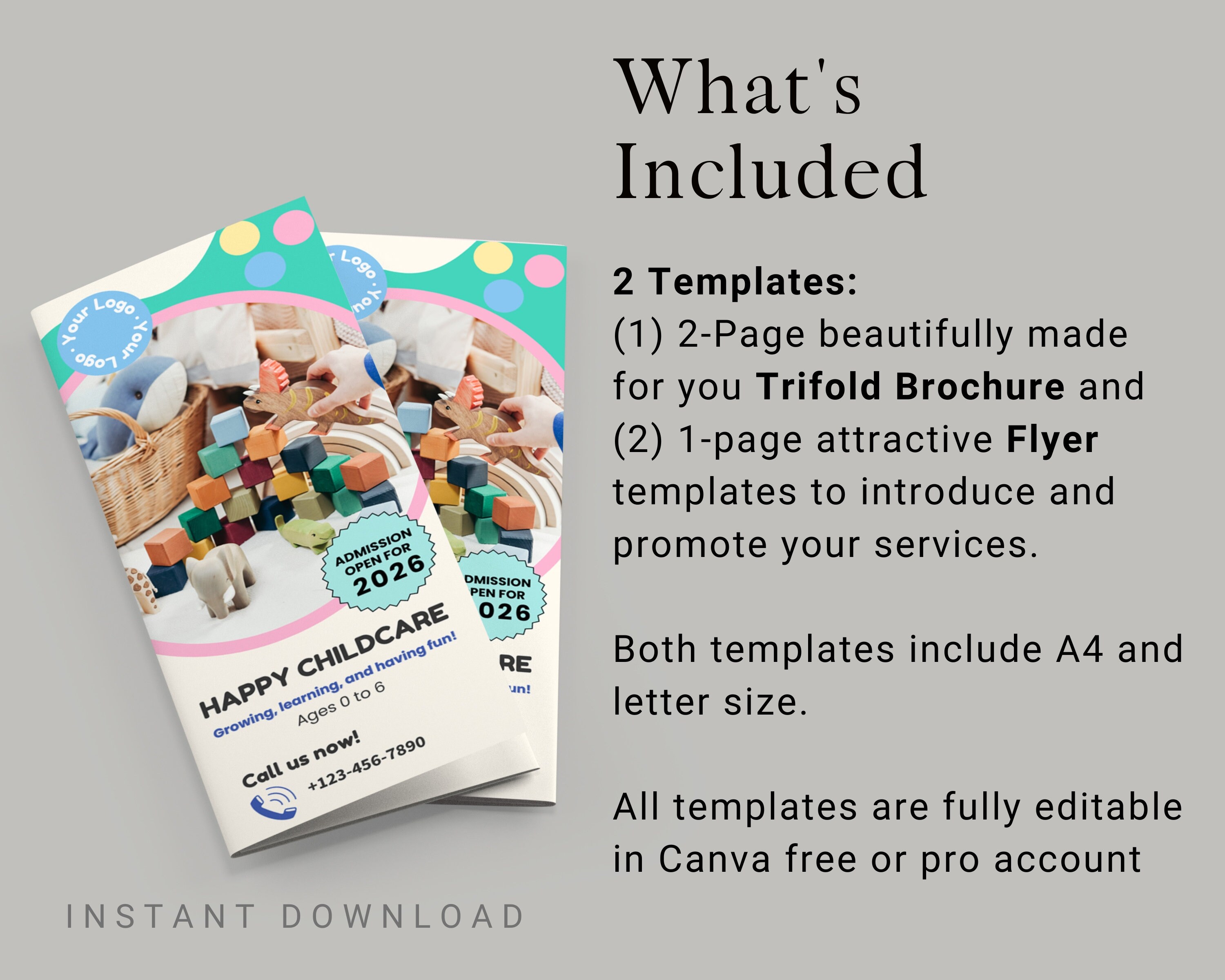 Matching Flyer & Trifold Brochure for Childcare Center EDITABLE ...