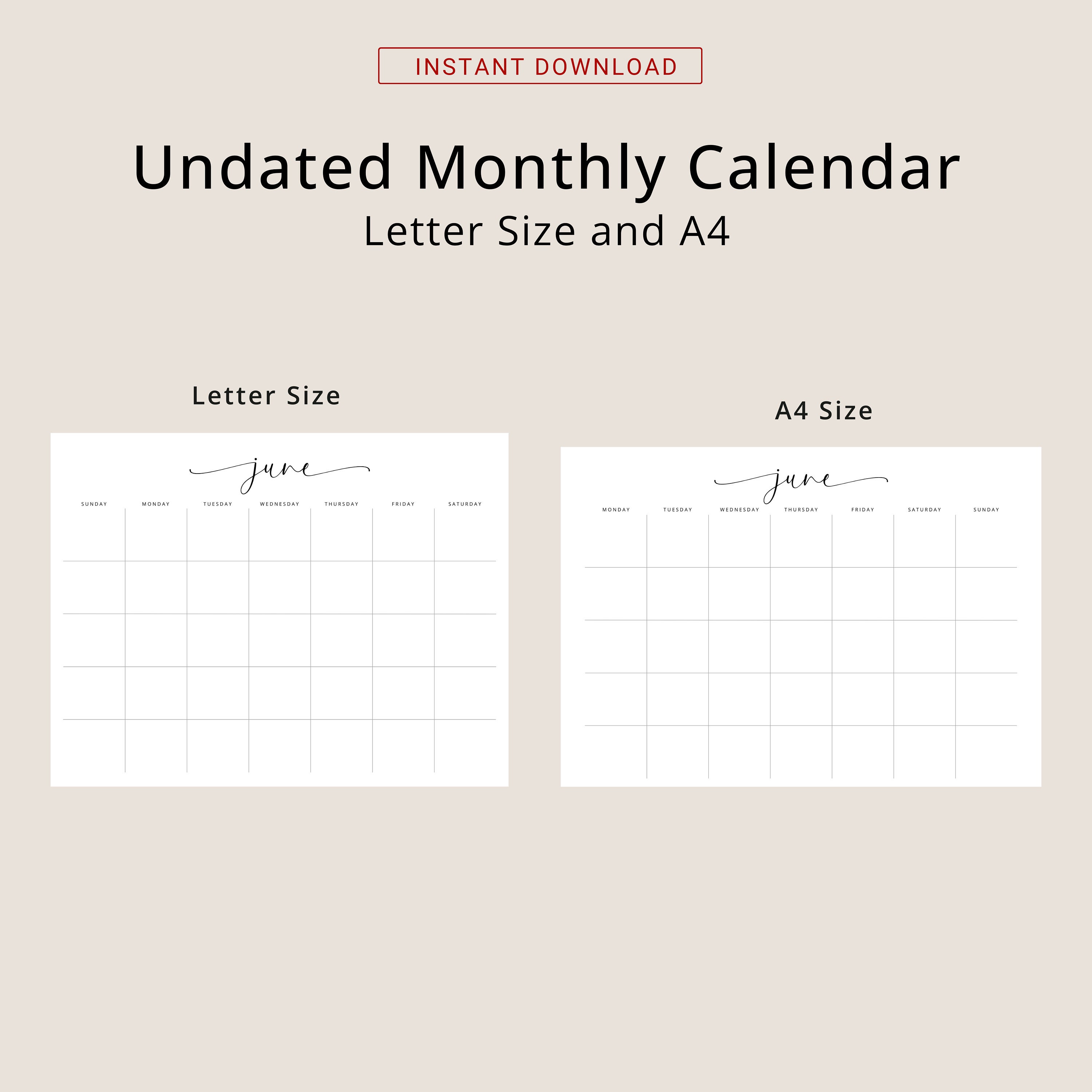 Undated Calendar Undated Monthly Calendar Printable Planner Blank ...